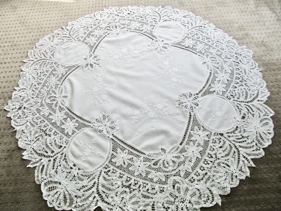 Vintage Round White Linen Hand Made Battenburg Lace Tablecloth, Table ...