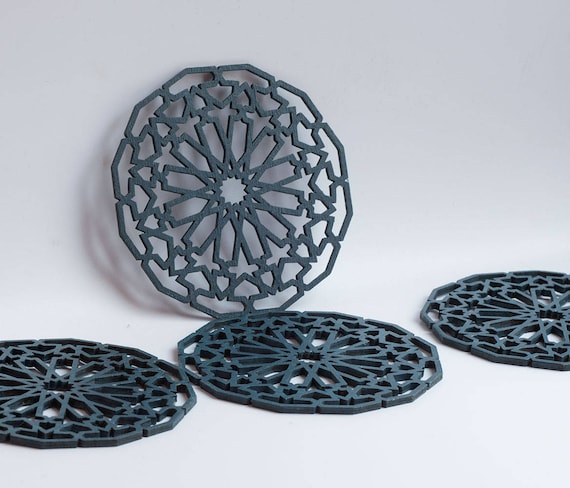Round Blue Wood Coasters Arabic Moorish Star Pattern Set | Etsy