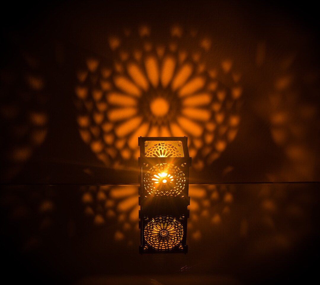 Blue Morocco Alhambra Star Pattern Wooden Shadow Lantern Candle Holder ...