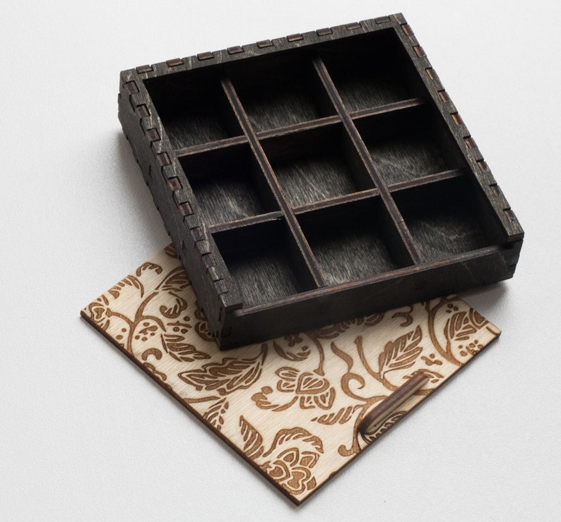 Wood Box With 3x3 Compartments and Engraved Removable Lid - Etsy