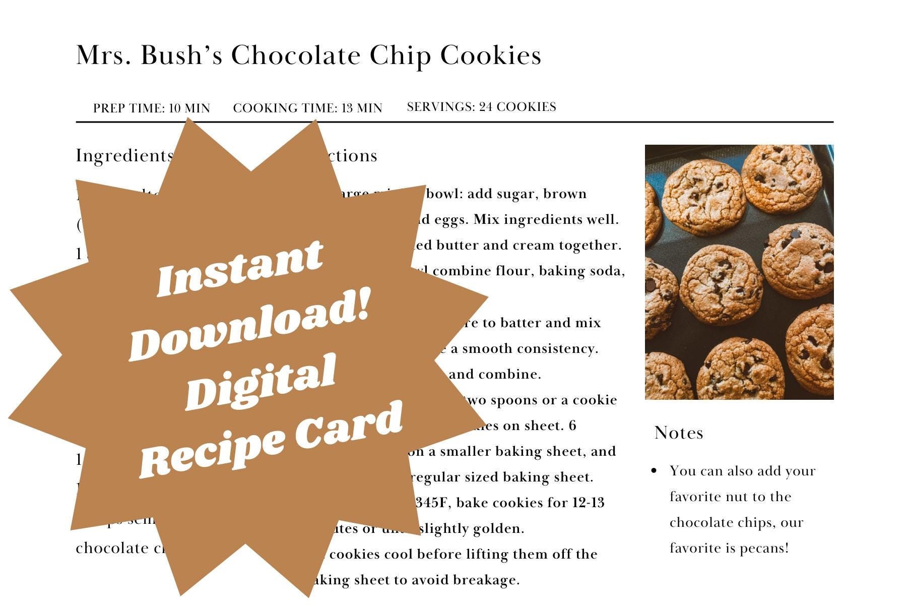 Mrs. Bush's Chocolate Chip Cookie Recipe | Digital Recipe Card - Etsy