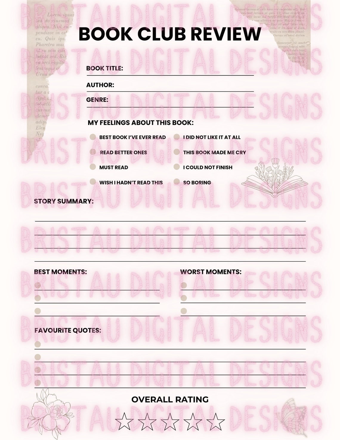 Book Club Review Printable - Etsy