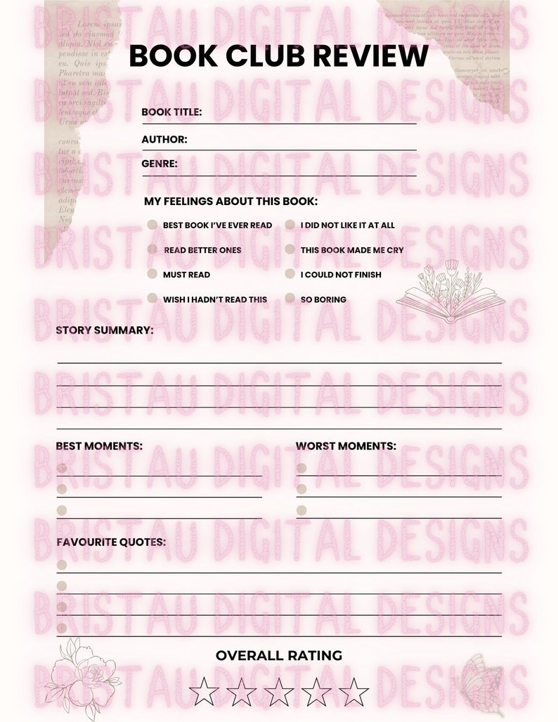 Book Club Review Printable - Etsy