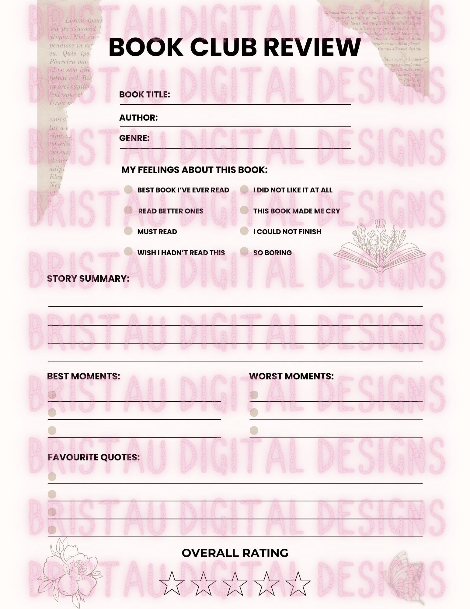 Book Club Review Printable - Etsy