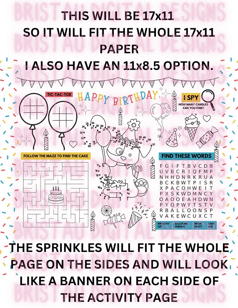 Birthday Activity Sheets Printable (11x8.5 and 17x11) - Etsy