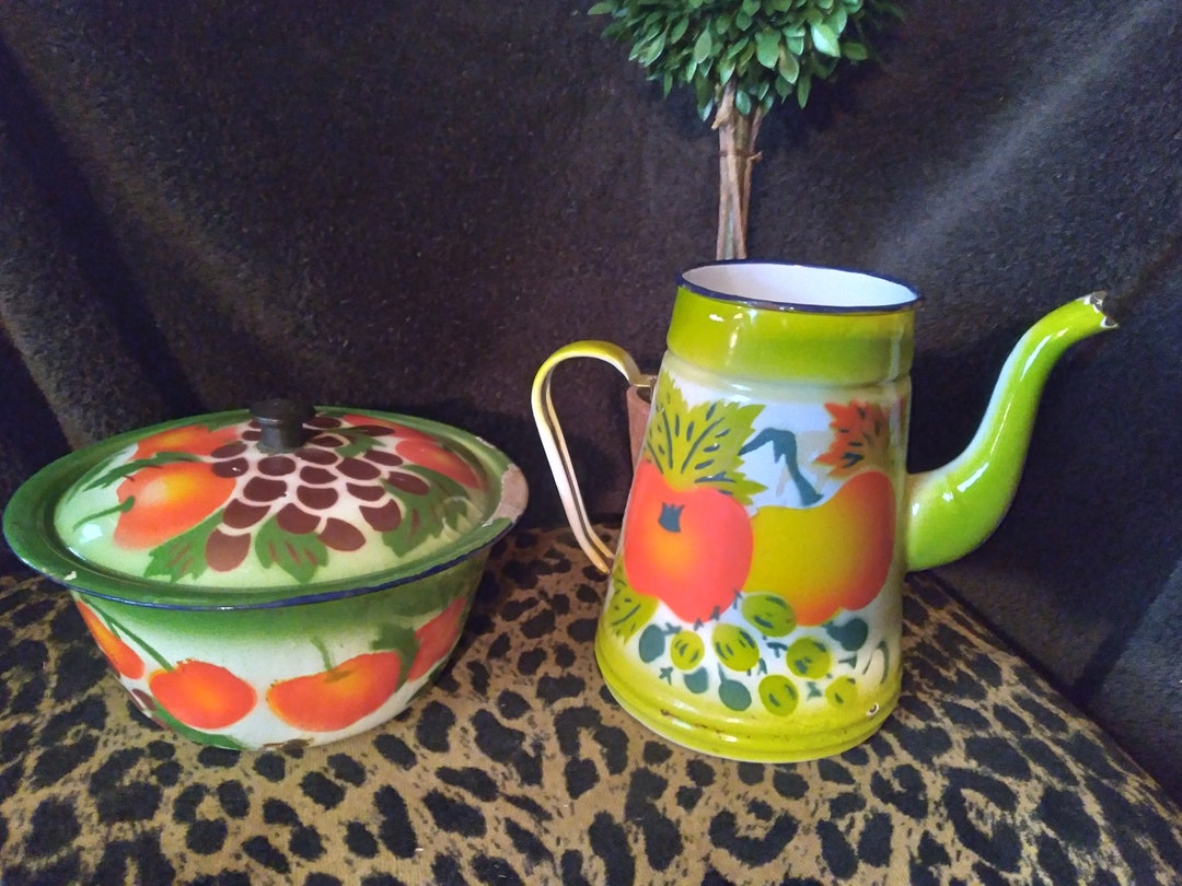 Vintage, Hand Painted Enamelware Mid Century Modern Coffee Pot and ...