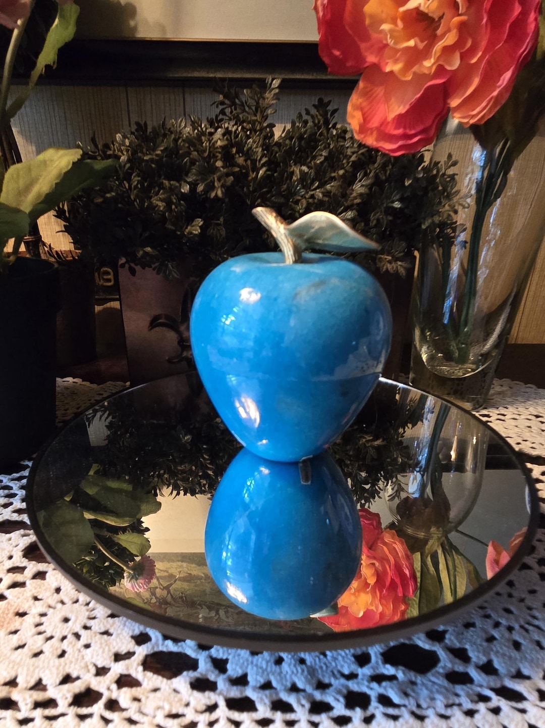 Beautiful Blue Alabaster Stone Apple Stone Fruit With Brass Stem and ...