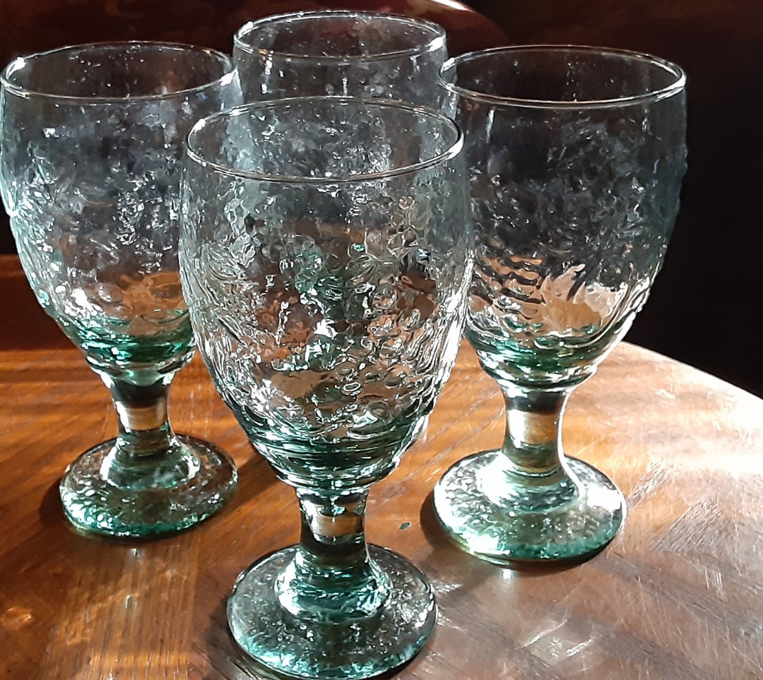 Set of 4 Green Glass Stemmed Water Goblets Vintage Libby Orchard Fruit ...