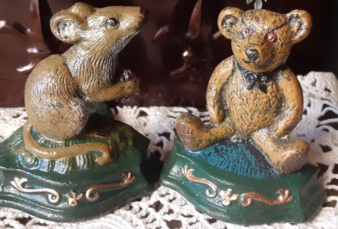 Cast Iron Painted Small Door Stop Teddy Bear and Mouse Vintage Cast ...