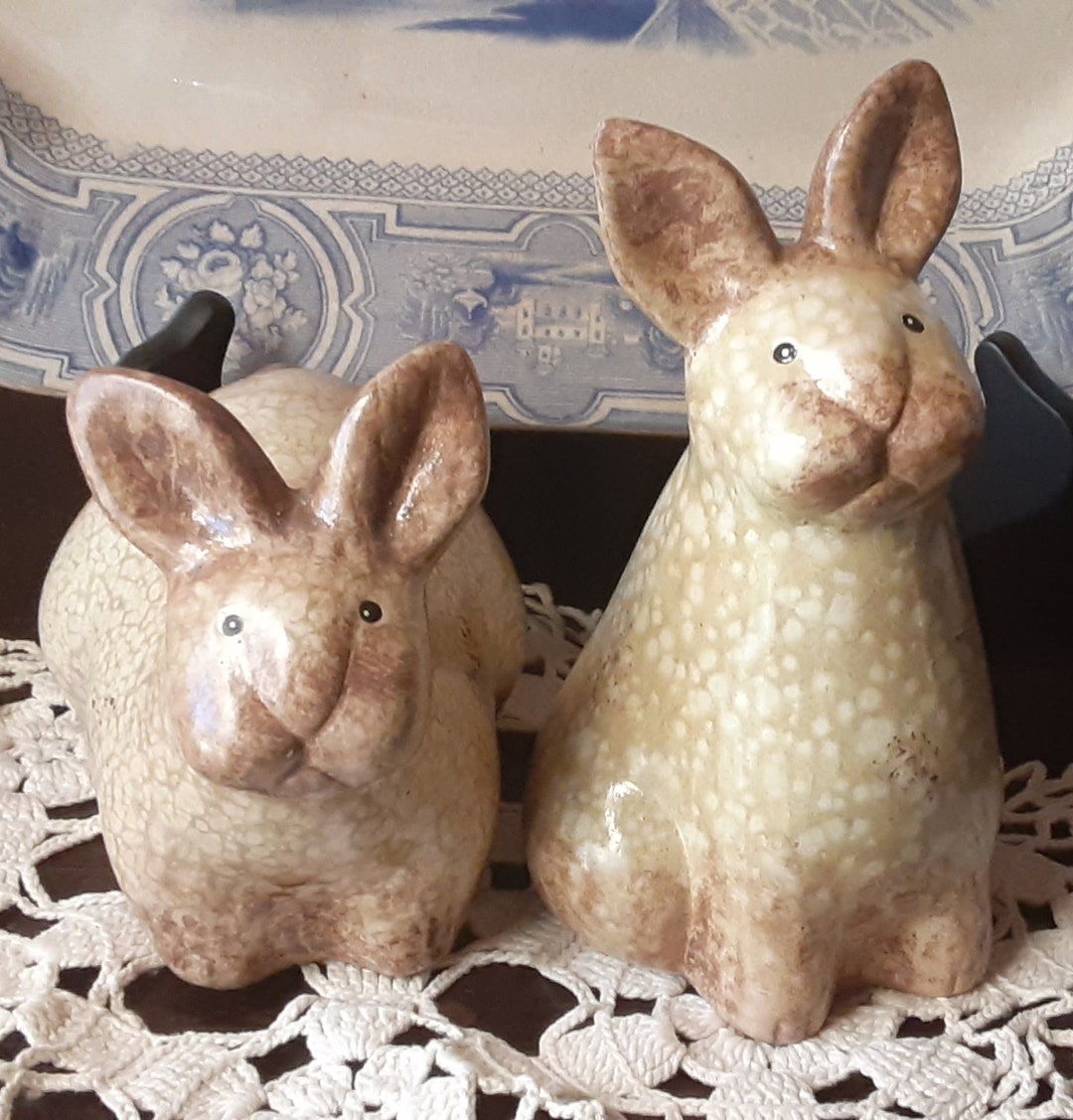 Pair of Vintage Chubby Ceramic Bunnies Rabbits Ceramic Animal Figurines ...