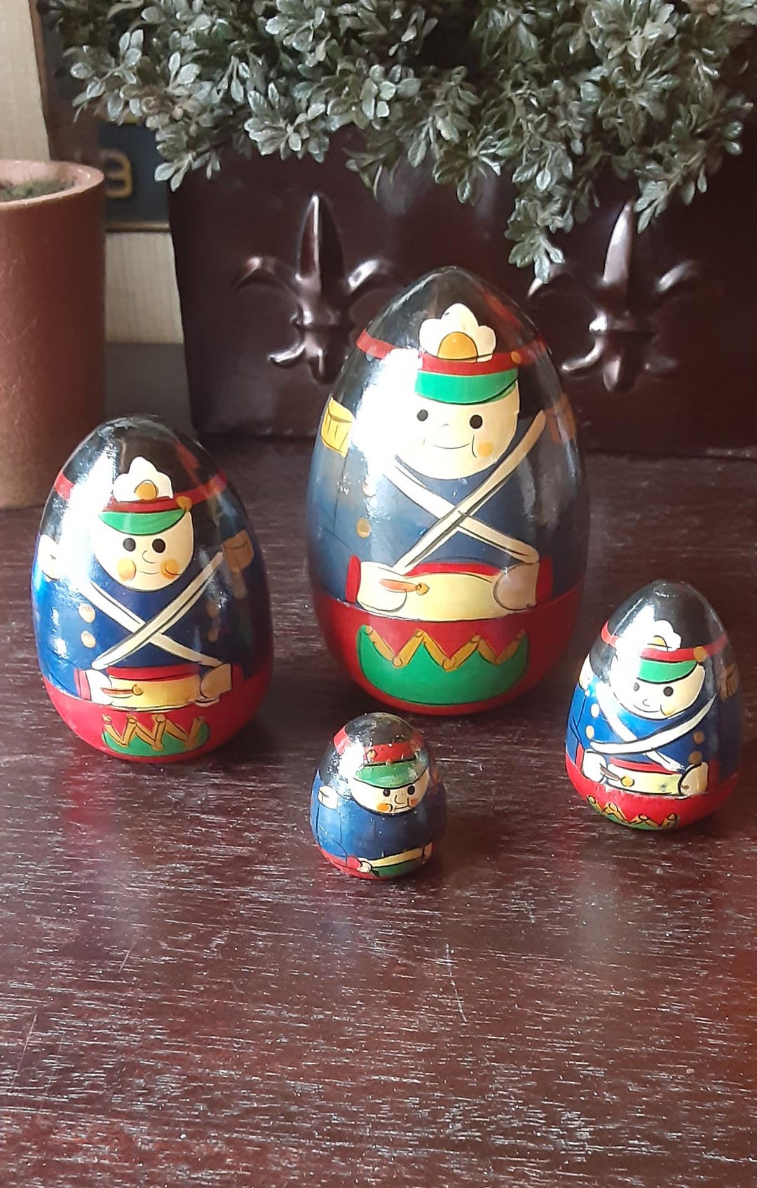 Set of (4) Toy Soldier Nesting Dolls Egg-shaped Wooden Hand Painted ...
