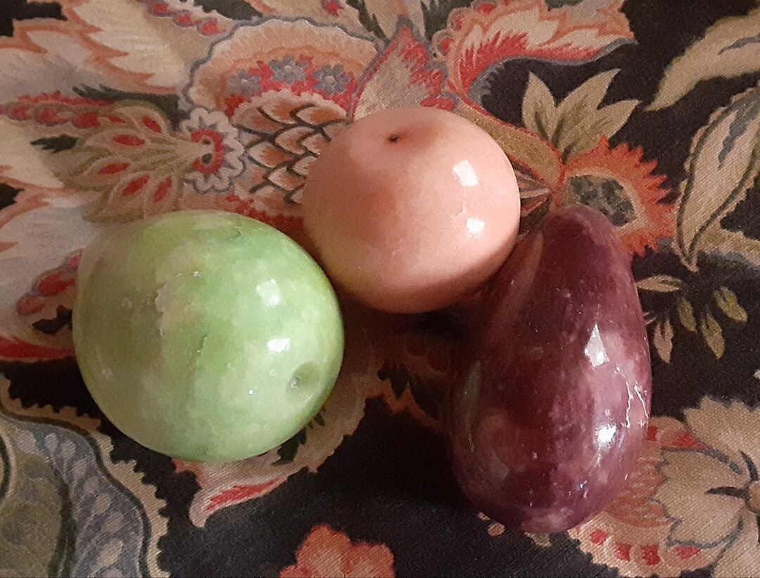 Set of 3 Vintage Alabaster Marble Stone Fruits Purple Eggplant Yellow ...