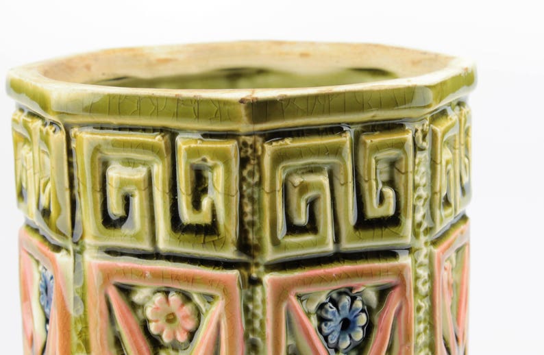 Vintage Vase Planter Floral Greek Key Motif Octagonal | Etsy