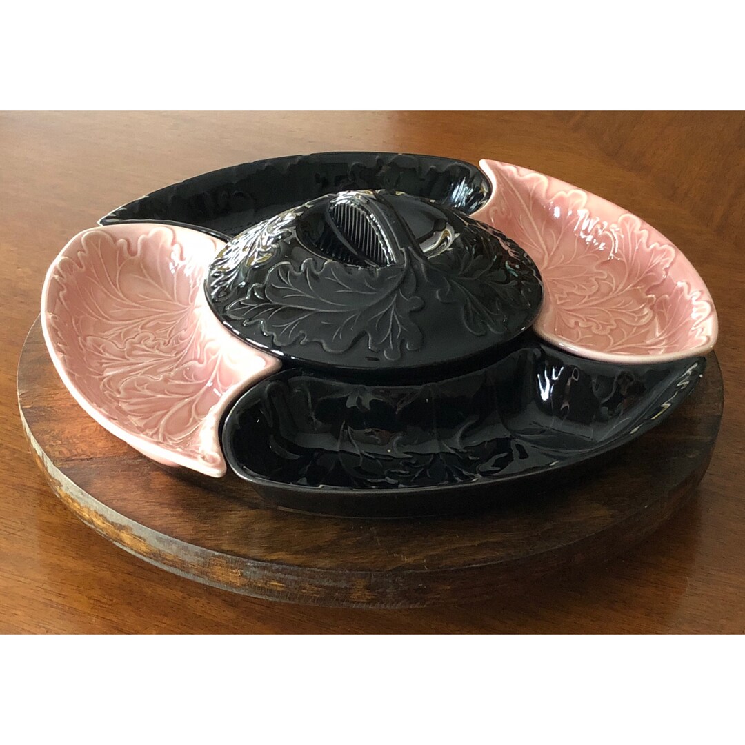 Relish Tray Appetizer Dip Snack Set Pink and Black Ceramic Dish Round ...