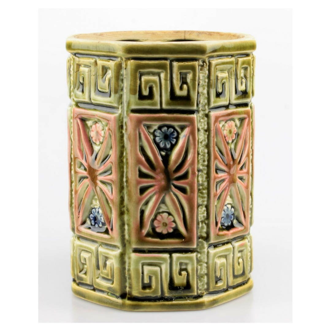Vintage Vase Planter Floral Greek Key Motif Octagonal - Etsy