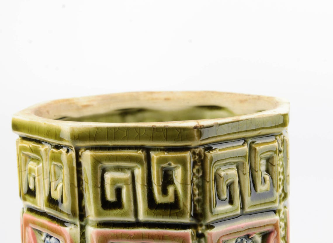 Vintage Vase Planter Floral Greek Key Motif Octagonal | Etsy