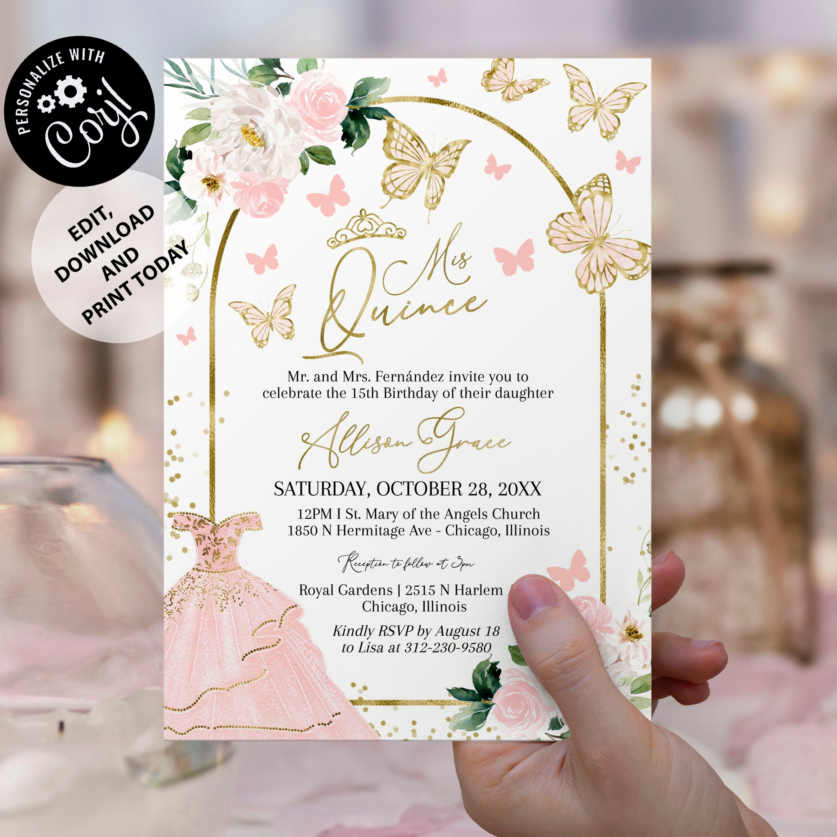 Quinceanera Invitations With Butterflies Quince Invitations Blush Gold ...