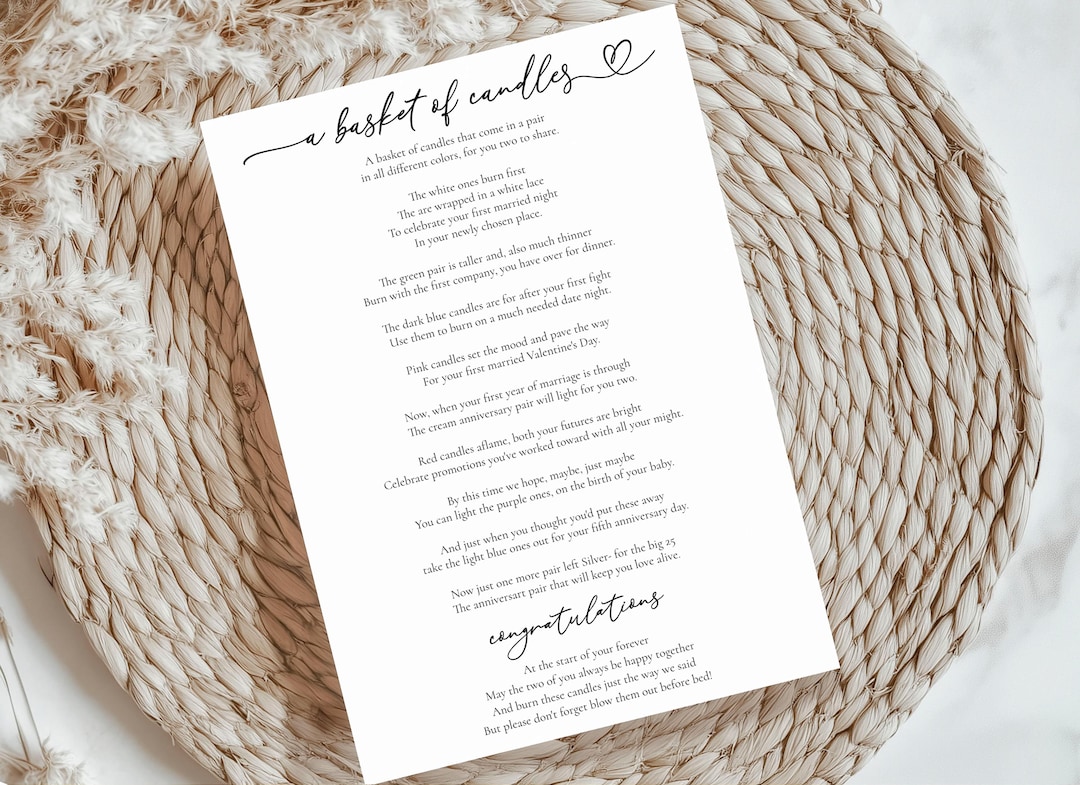 Basket of Candles Printable Poem, Wedding Gift Tags (instant Download ...