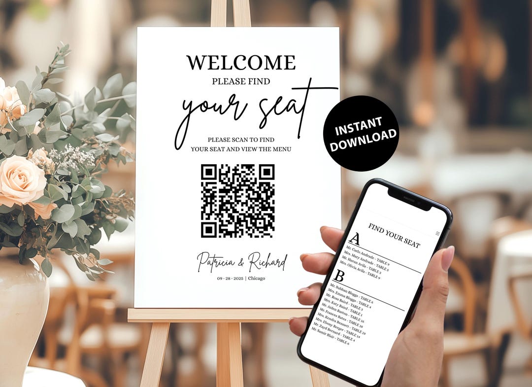 QR Code Wedding Seating Chart Sign, Minimalist Canva Template (digital ...