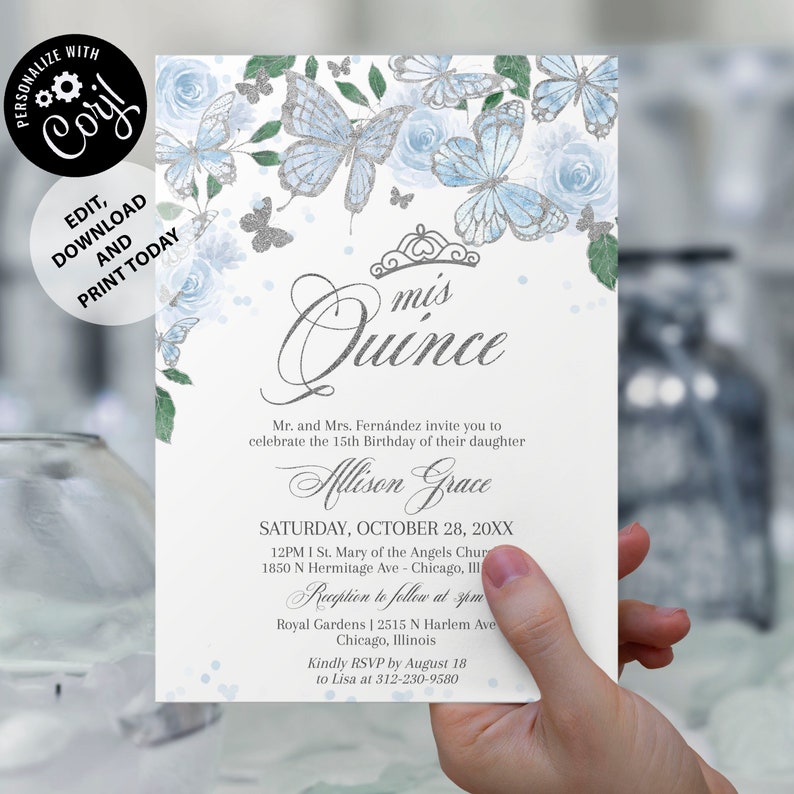 Quinceanera Invitations Butterfly Editable Template Dusty Blue Silver ...