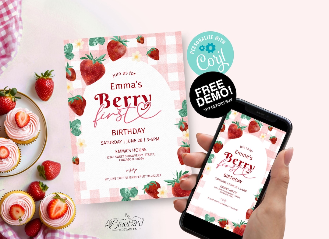 Berry First Birthday Invitation Template, Strawberry Birthday, Baby 1st ...