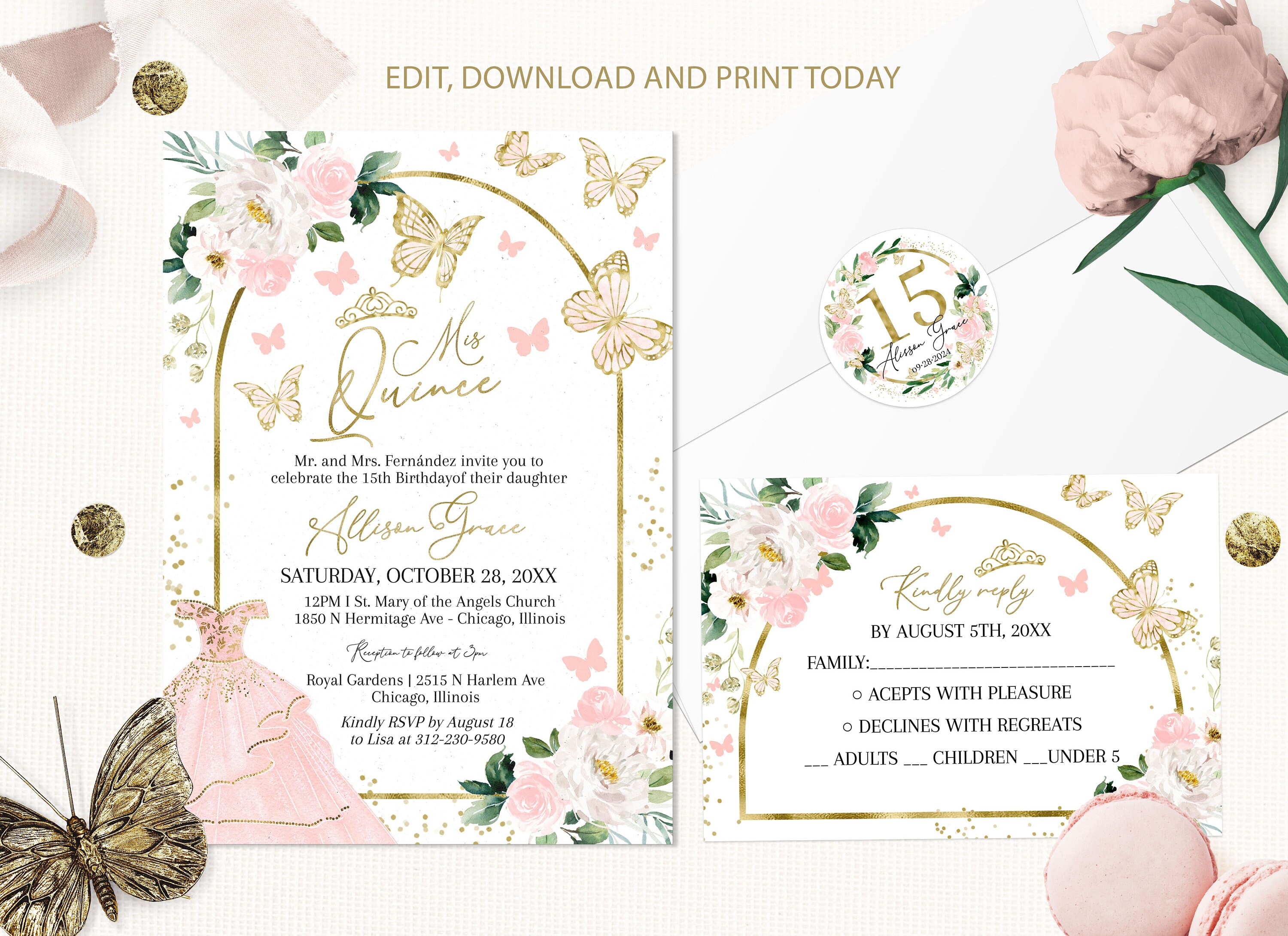 Quinceanera Invitations With Butterflies Quince Invitations Blush Gold ...