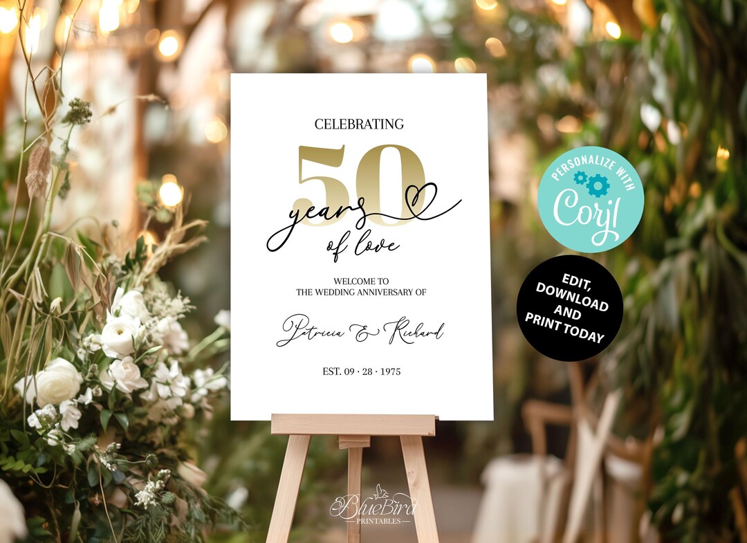 50th Wedding Anniversary Welcome Sign, Printable Sign, Golden ...