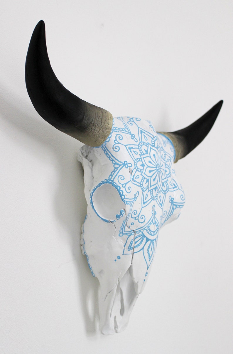 Beautiful Hand Painted Faux Cow Skull With Light Blue Mandala - 3 Sizes ...