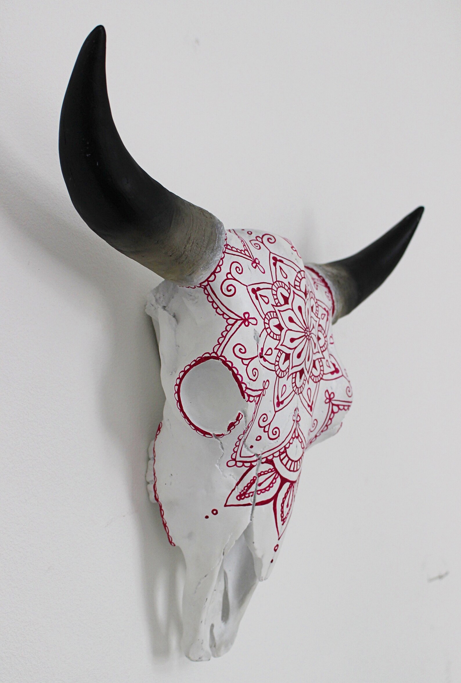 Beautiful Hand Painted Faux Cow Skull With Magenta Pink Mandala - 3 ...