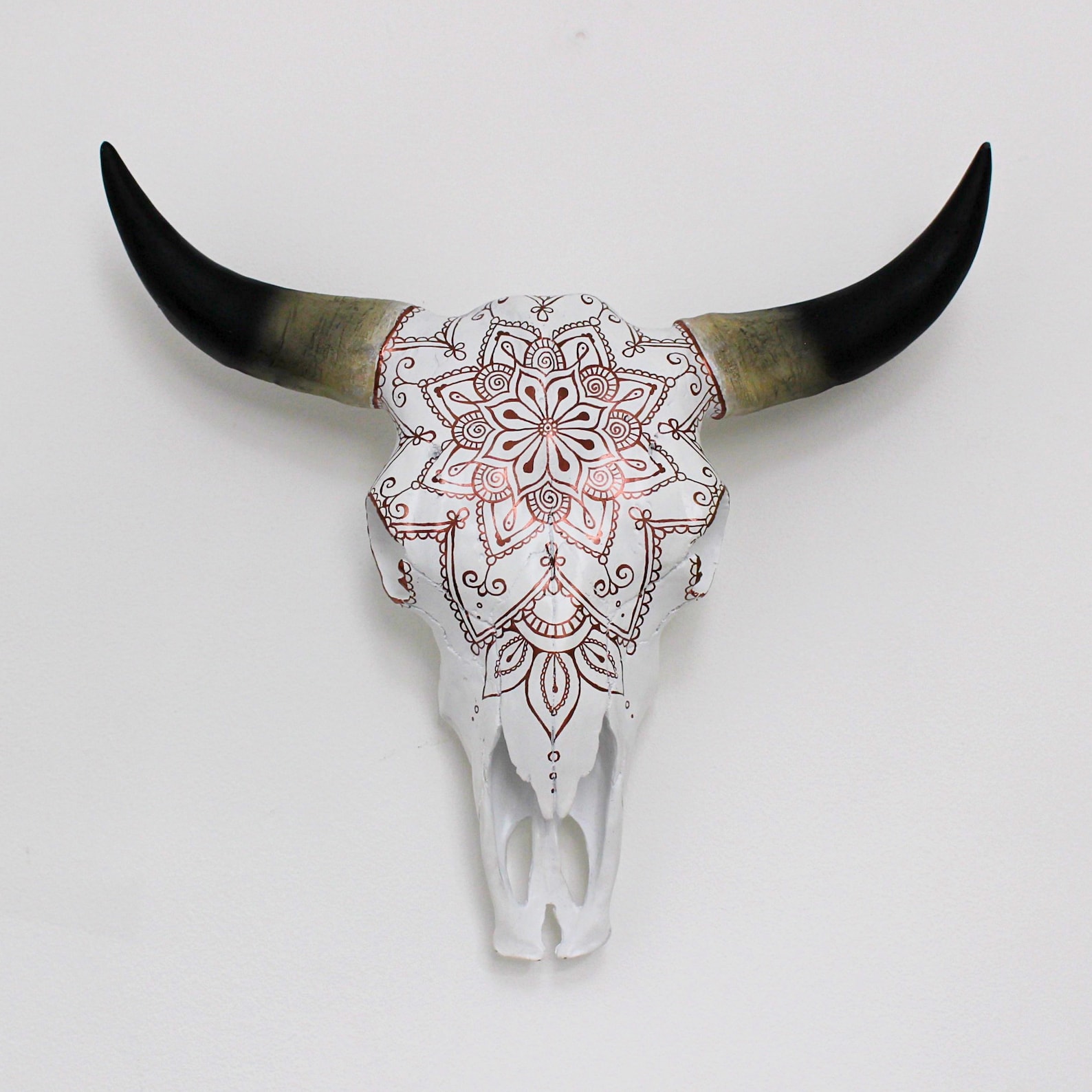 Beautiful Hand Painted Faux Cow Skull With Copper Mandala - 3 Sizes ...