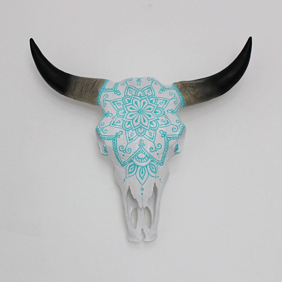 Beautiful Hand Painted Faux Cow Skull With Turquoise Teal Mandala - 3 ...
