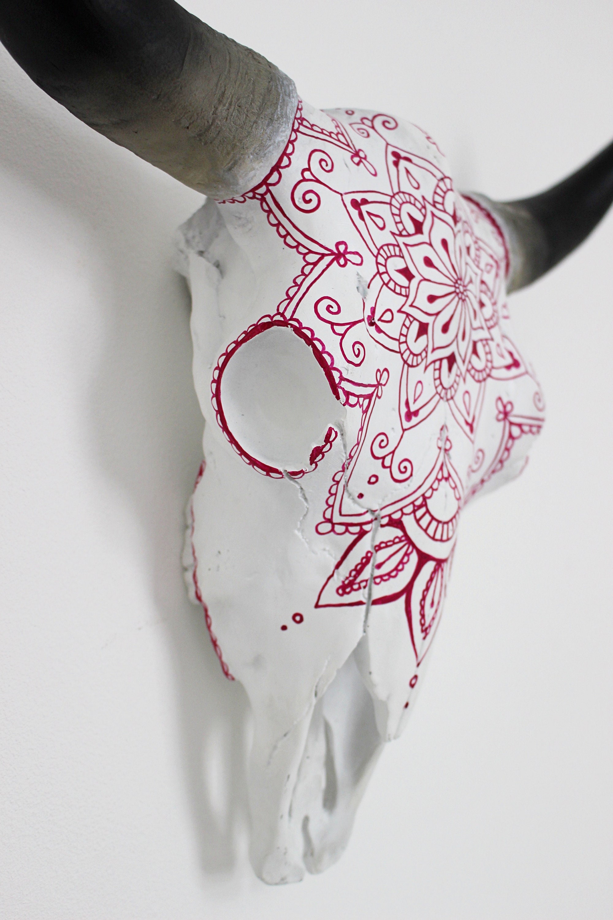 Beautiful Hand Painted Faux Cow Skull With Magenta Pink Mandala - 3 ...