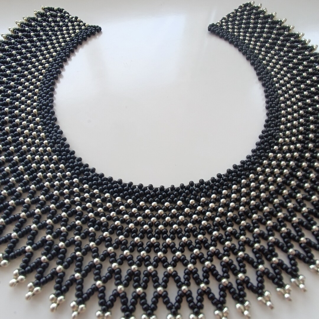 Beaded Net Black and Silver Beads Galvanised Silver Necklace - Etsy