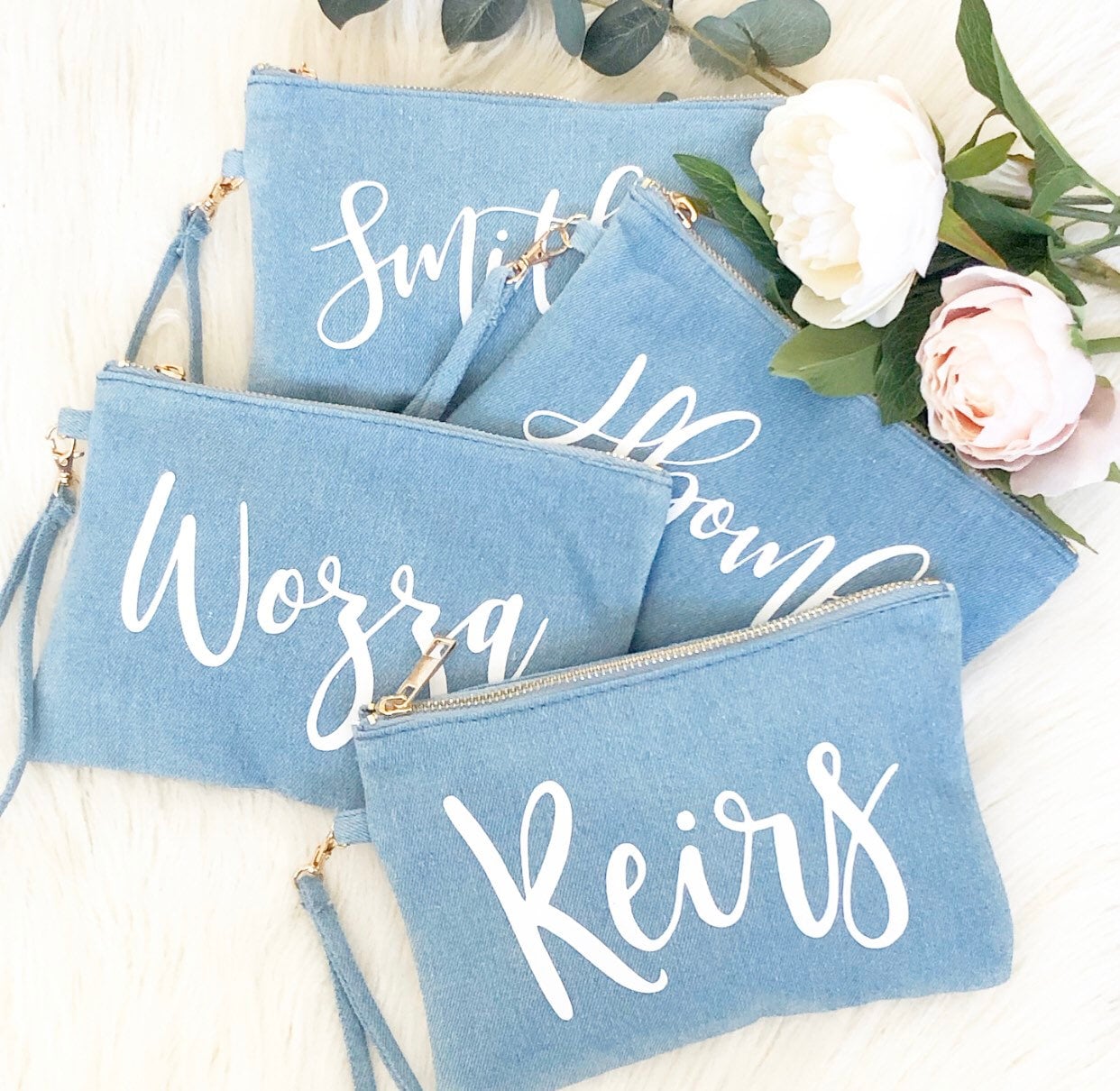 Light Blue Denim Makeup Bag // Personalized Clutch W/strap | Etsy