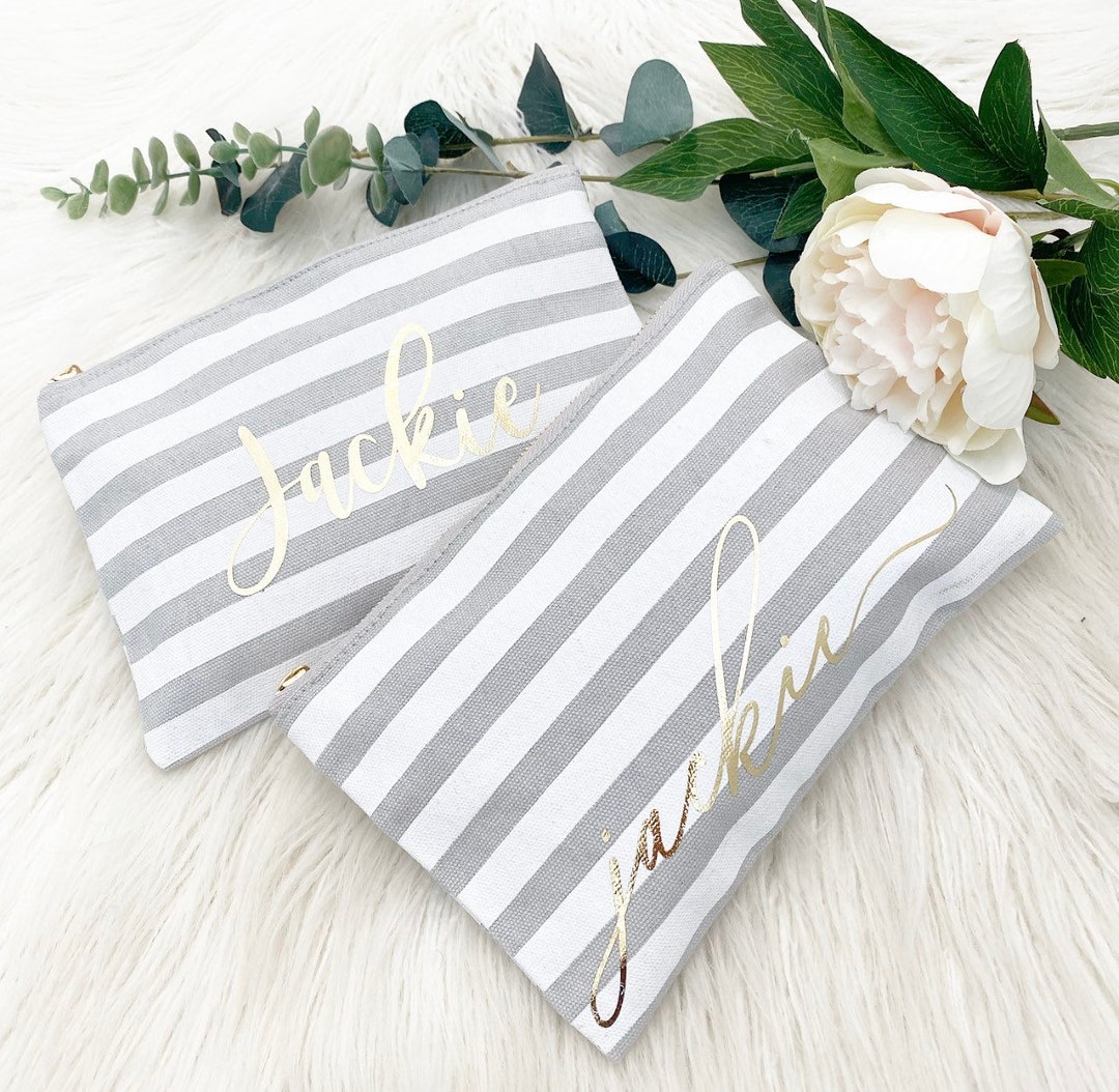 Personalized Stripe Makeup Bag - Cursive Script CUSTOM NAME Grey or ...