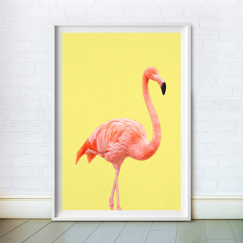 Flamingo Art Bird Print Mid Century Wall Decor Yellow | Etsy