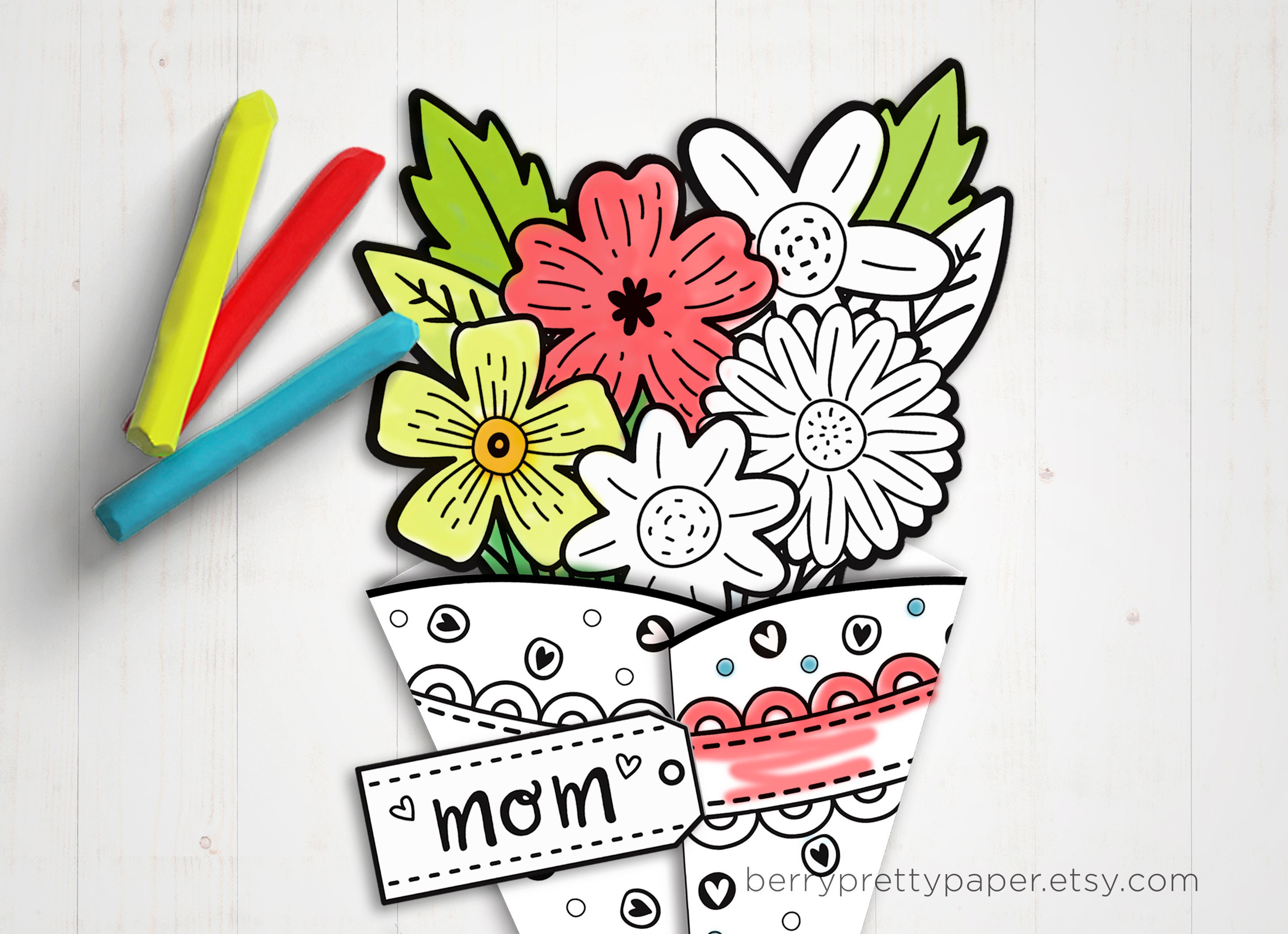 Printable Mothers Day Coloring Card - Bouquet Card for Mom - Fun ...