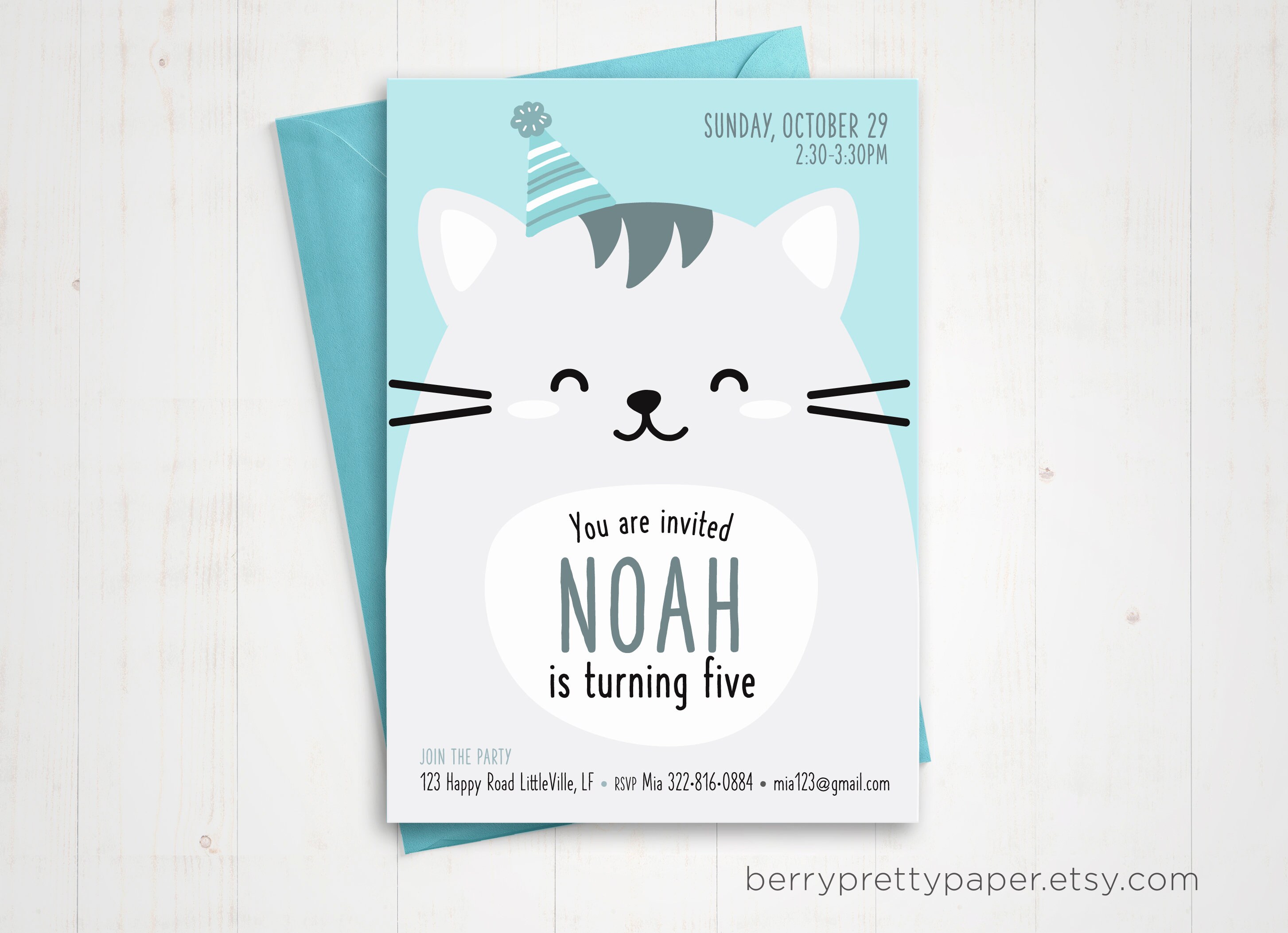 Cat Birthday Party Invitation, Kawaii Cat Invitation for Boy, 3rd ...