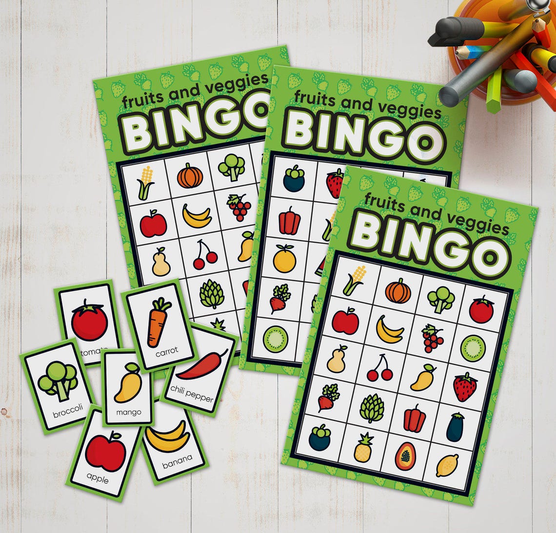 BINGO Game of Fruit and Veggie Names for Kids - Print, Cut and Play ...
