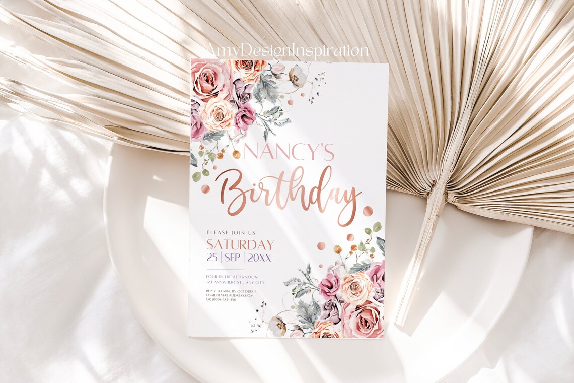 Rose Gold Birthday Invitation Template Rose Gold Birthday - Etsy