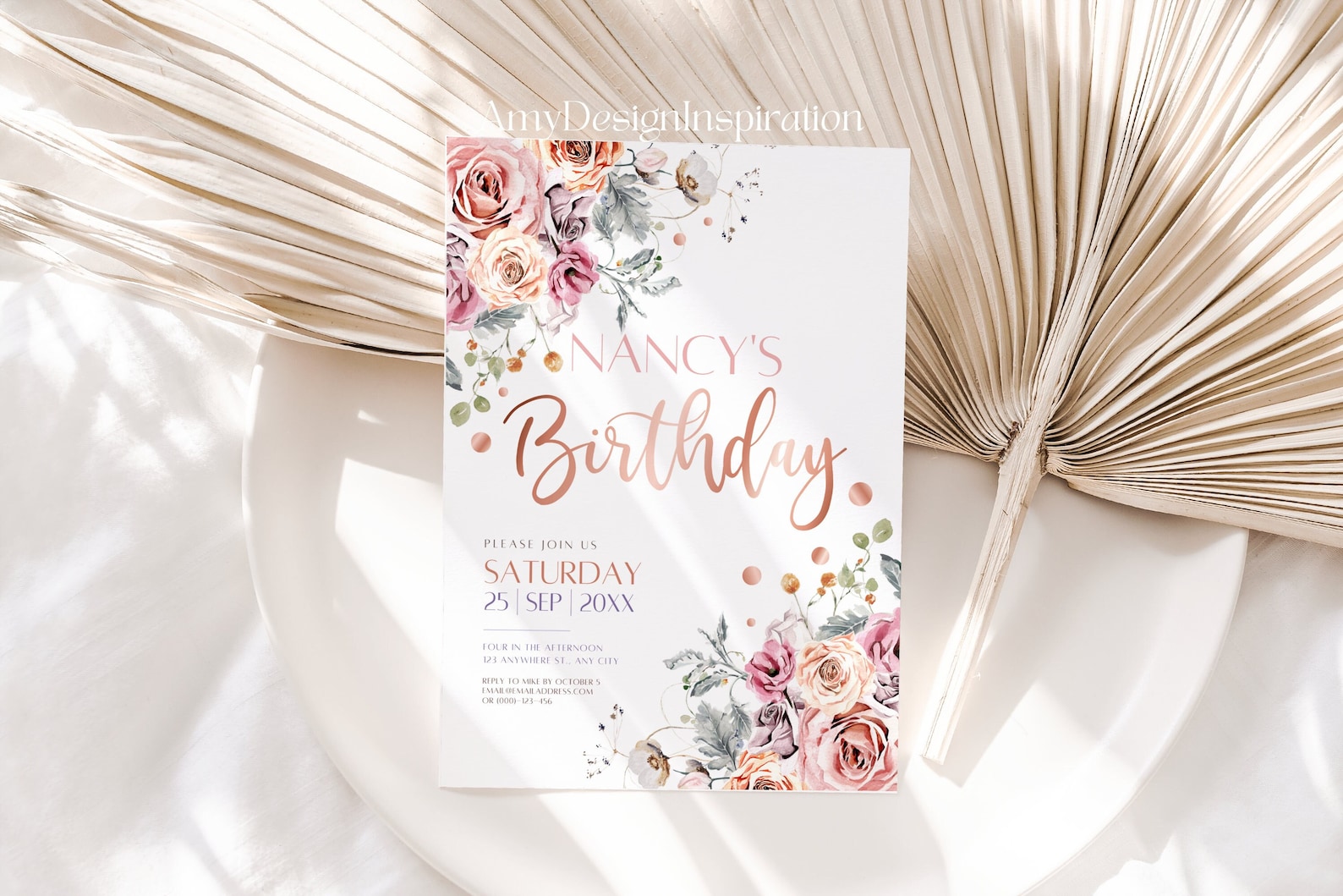Rose Gold Birthday Invitation Template Rose Gold Birthday - Etsy