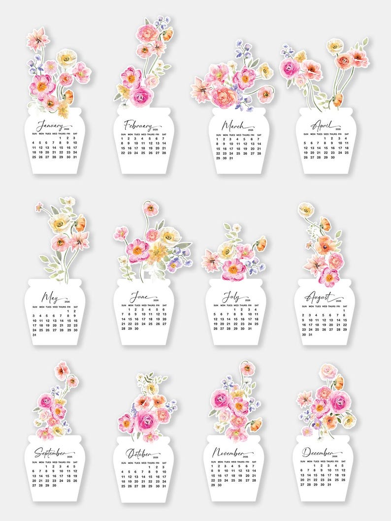 2027 2028 Floral Desk Calendar Printable: Colorful Flowers (SVG, PDF ...