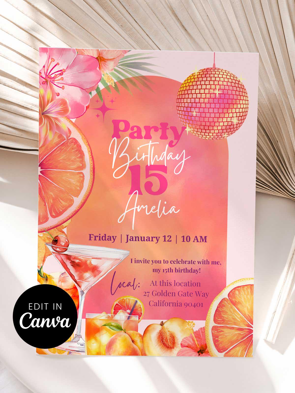 Tropical Disco Birthday Invitation Canva, Hibiscus Flowers Summer ...
