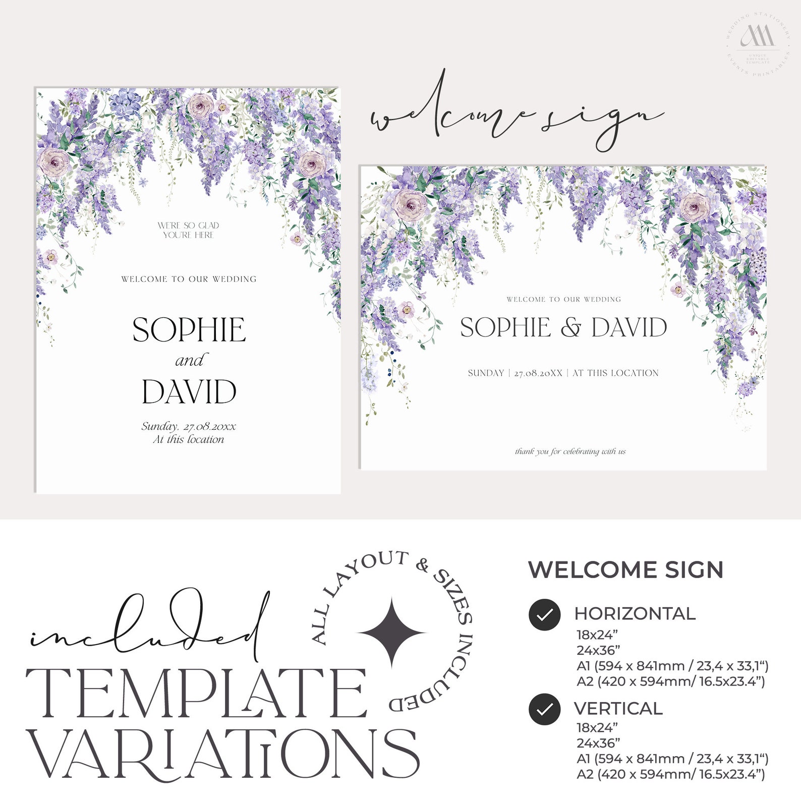 Purple Wisteria Wedding Welcome Sign Template, Welcome to Our Wedding ...
