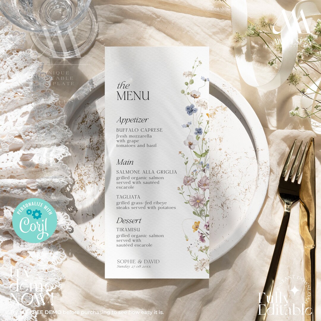 Wildflower Wedding Menu Template Wedding Dinner Menu - Etsy