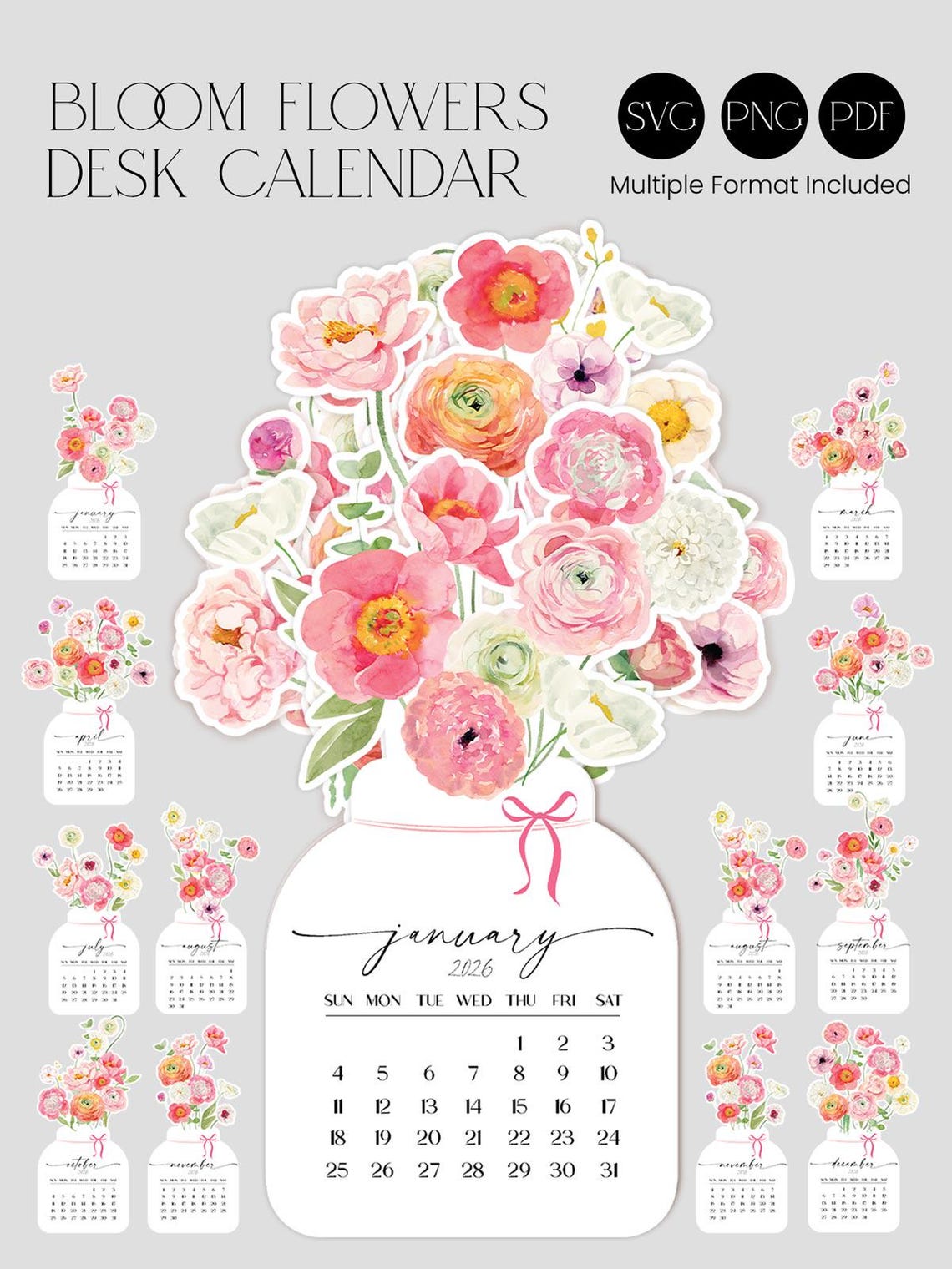 Bloom Flowers Pot 2026 Desk Calendar | Watercolor Printable Monthly ...