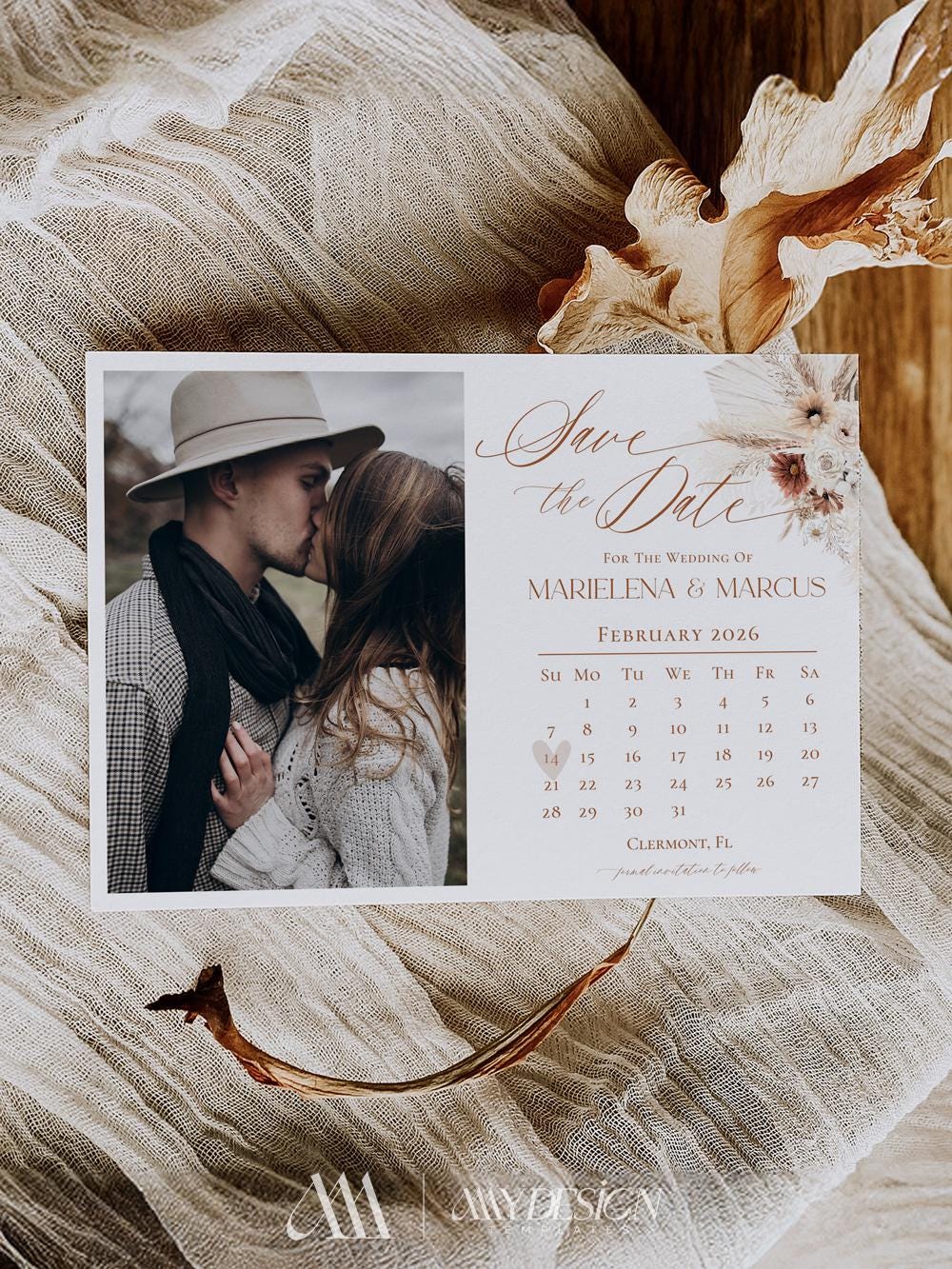 Boho Photo Save the Date Calendar Template: Rust Terracotta (5x7 ...
