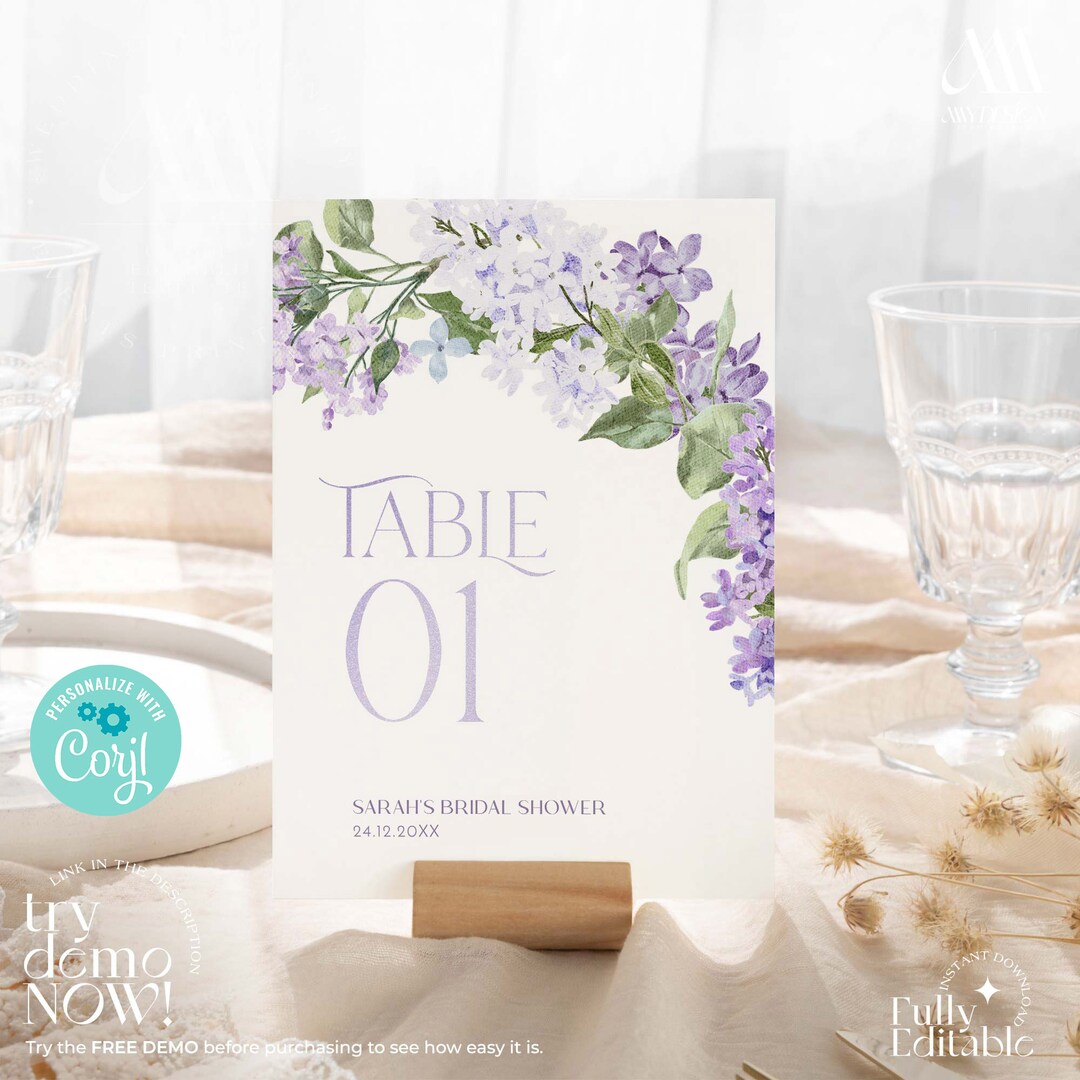 Lilac Floral Table Number Sign Template, Editable Floral Custom Sign ...