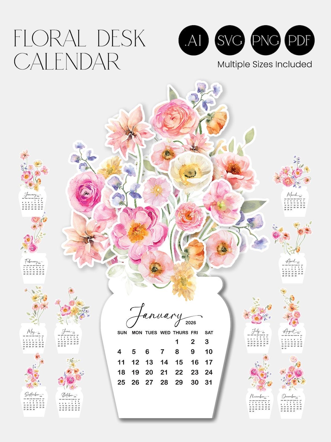 2026 Floral Desk Calendar Printable: Colorful Flowers (SVG, PDF) - Etsy