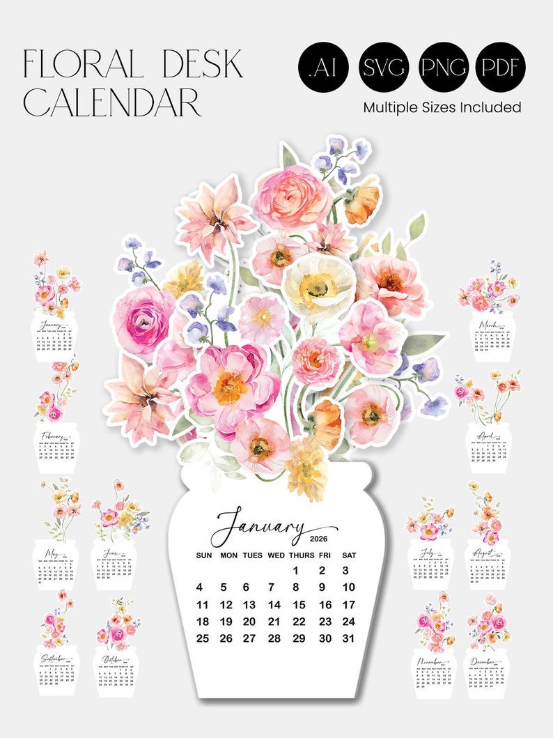 2027 2028 Floral Desk Calendar Printable: Colorful Flowers (SVG, PDF ...